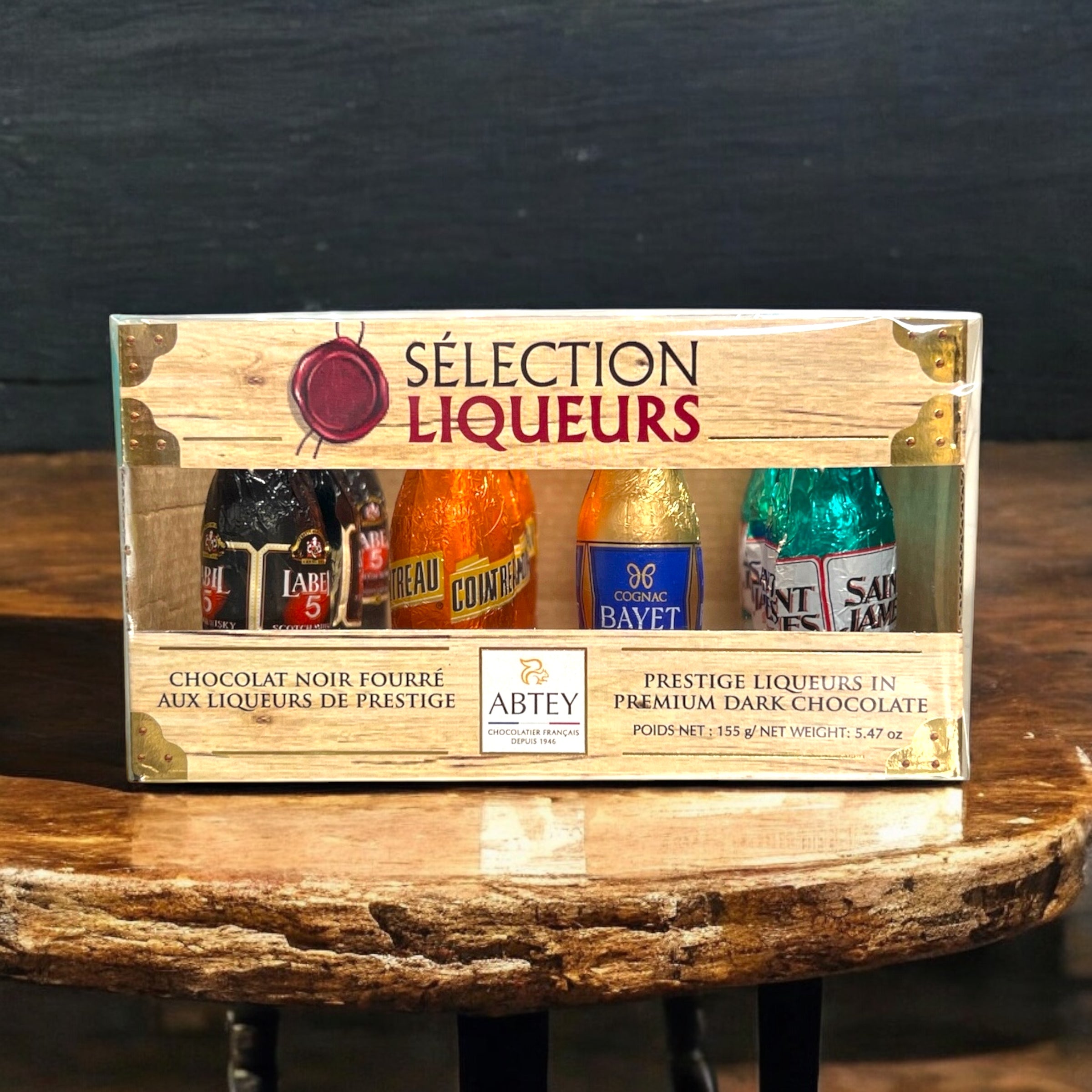 Abtey Selection Liqueurs Chocolate Bottles in Wood looking Crate – Truly Foodie